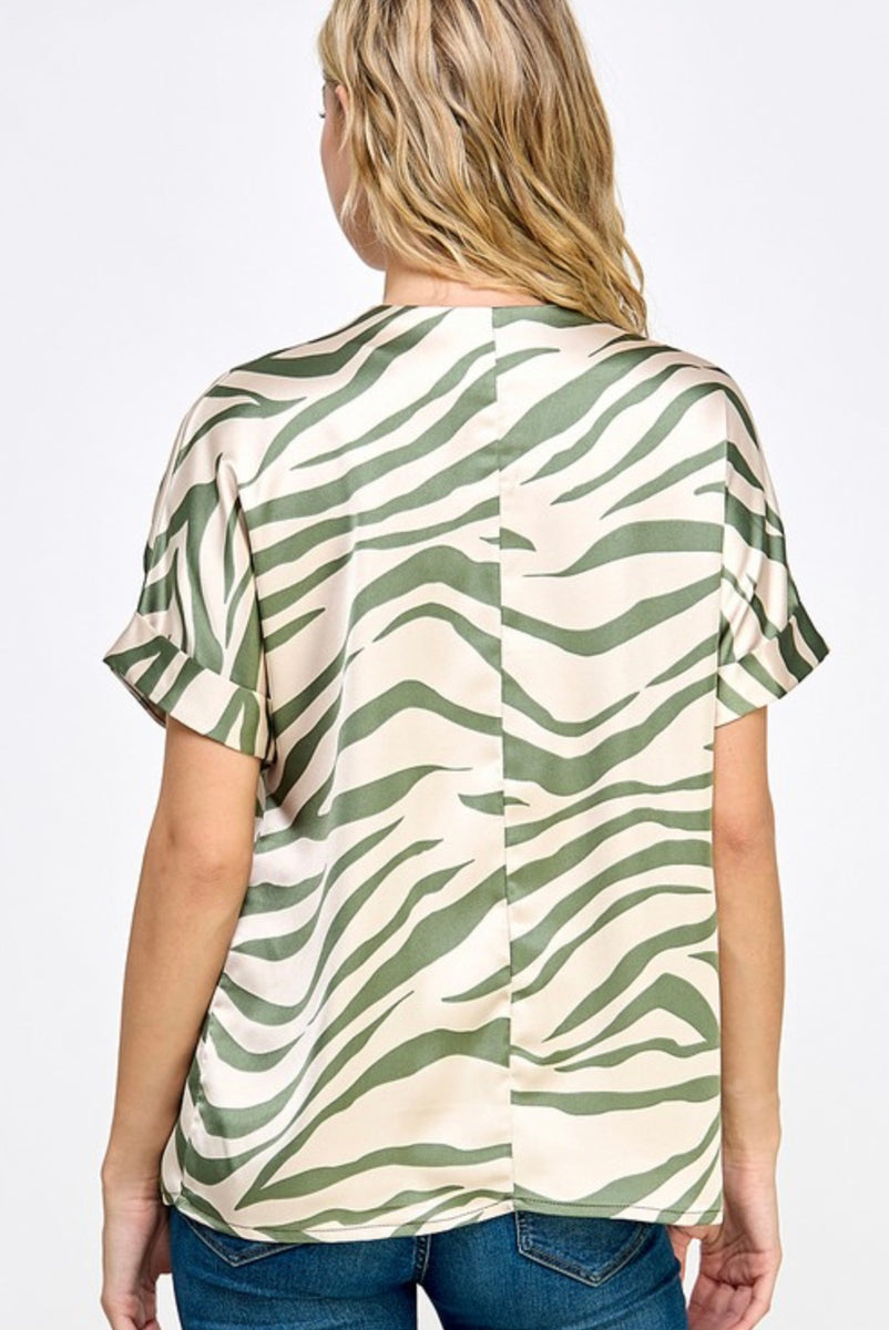 Olive Zebra Print V-Neck Satin Top – Jolie Rue Boutique